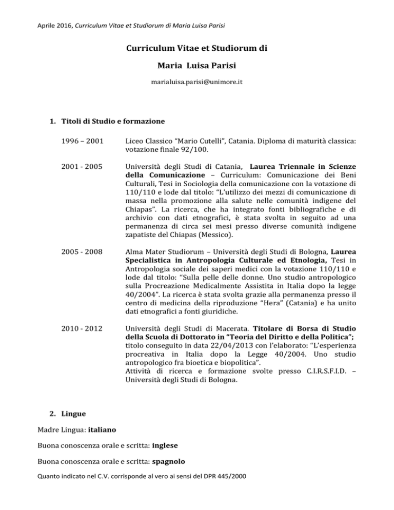 Curriculum Vitae et Studiorum di Maria Luisa Parisi